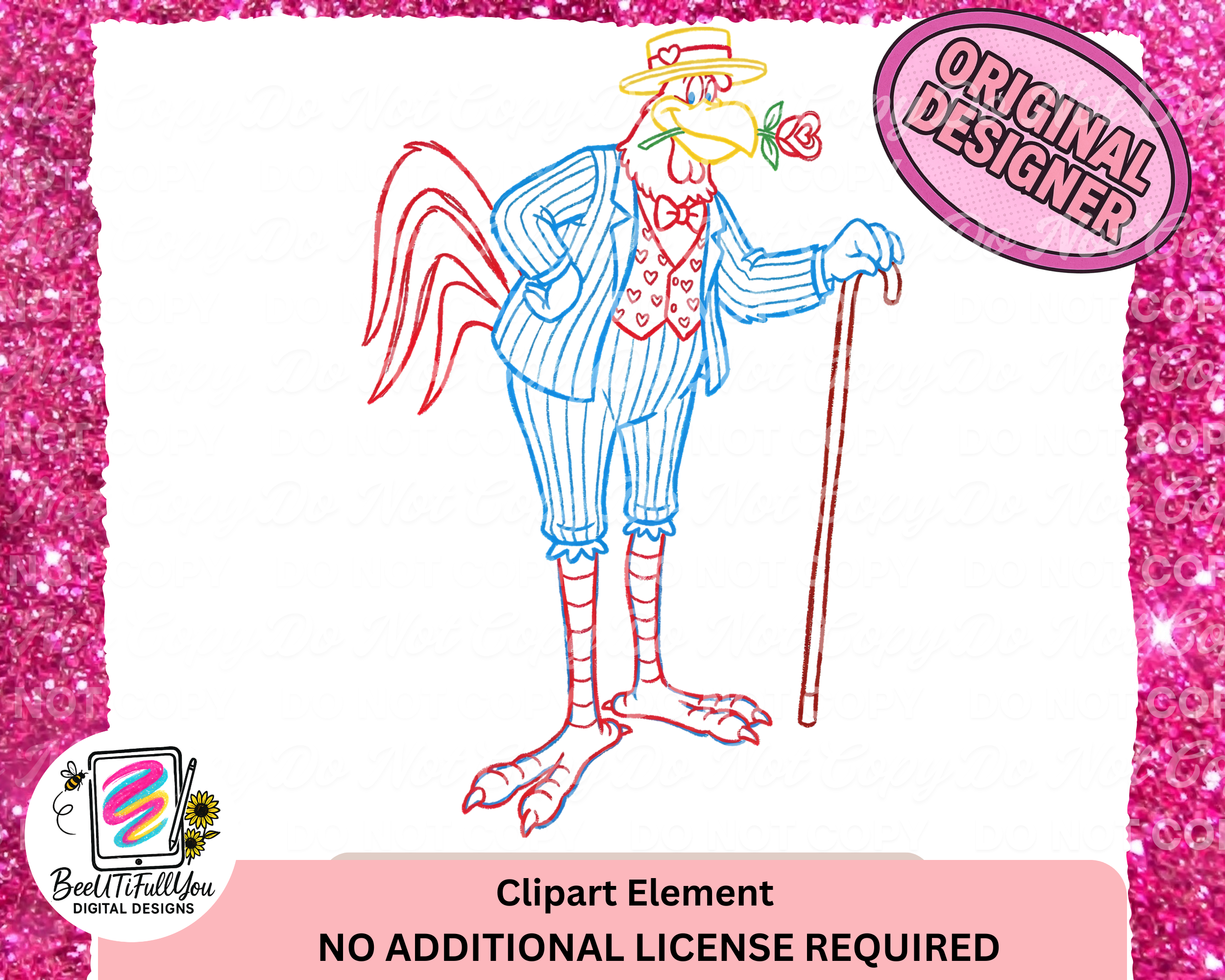 Valentine Gentleman Rooster Clipart Element | Crayon Outline Doodle PN ...