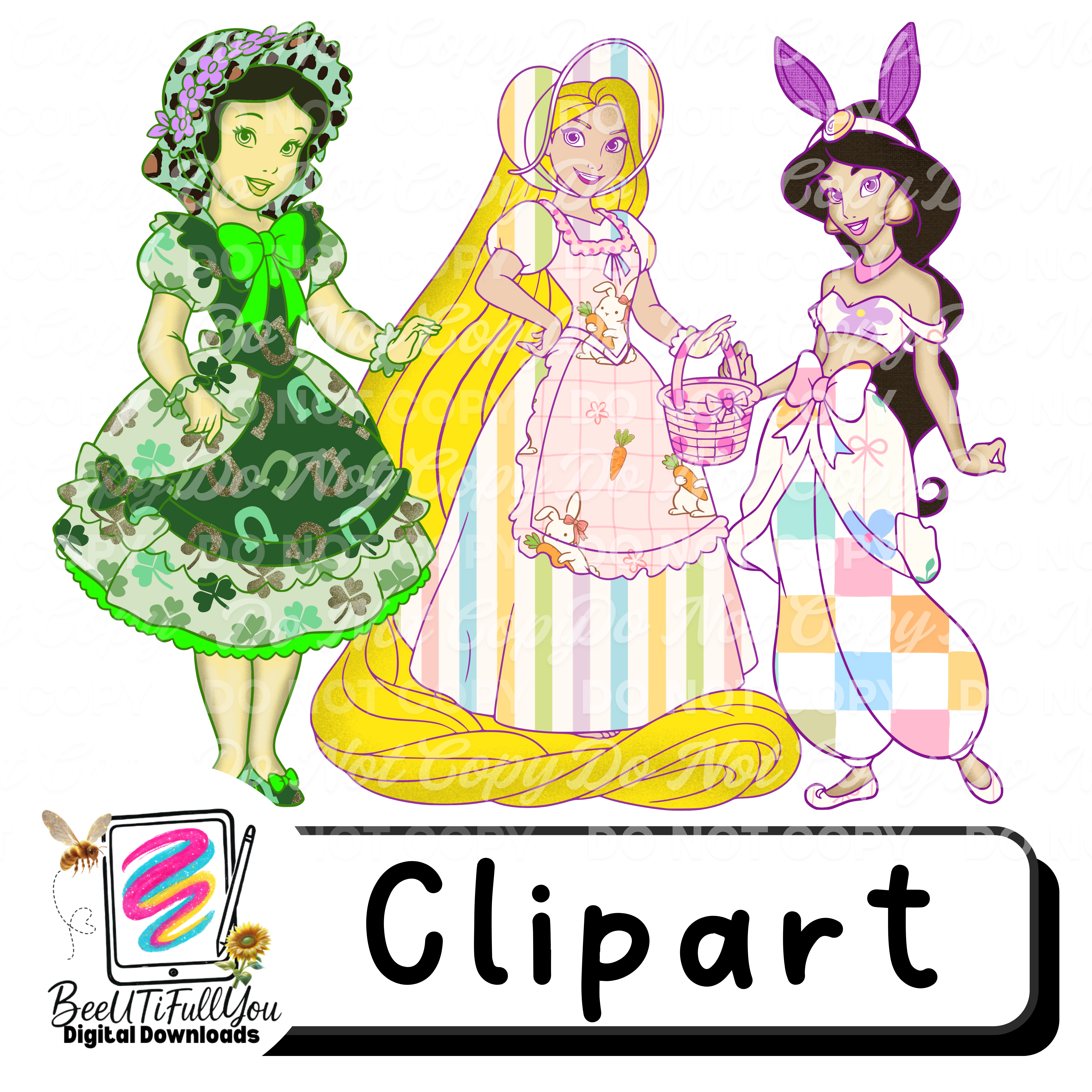 Easter Princess Clipart Bundle | Colored + Outline Character Clipart ...