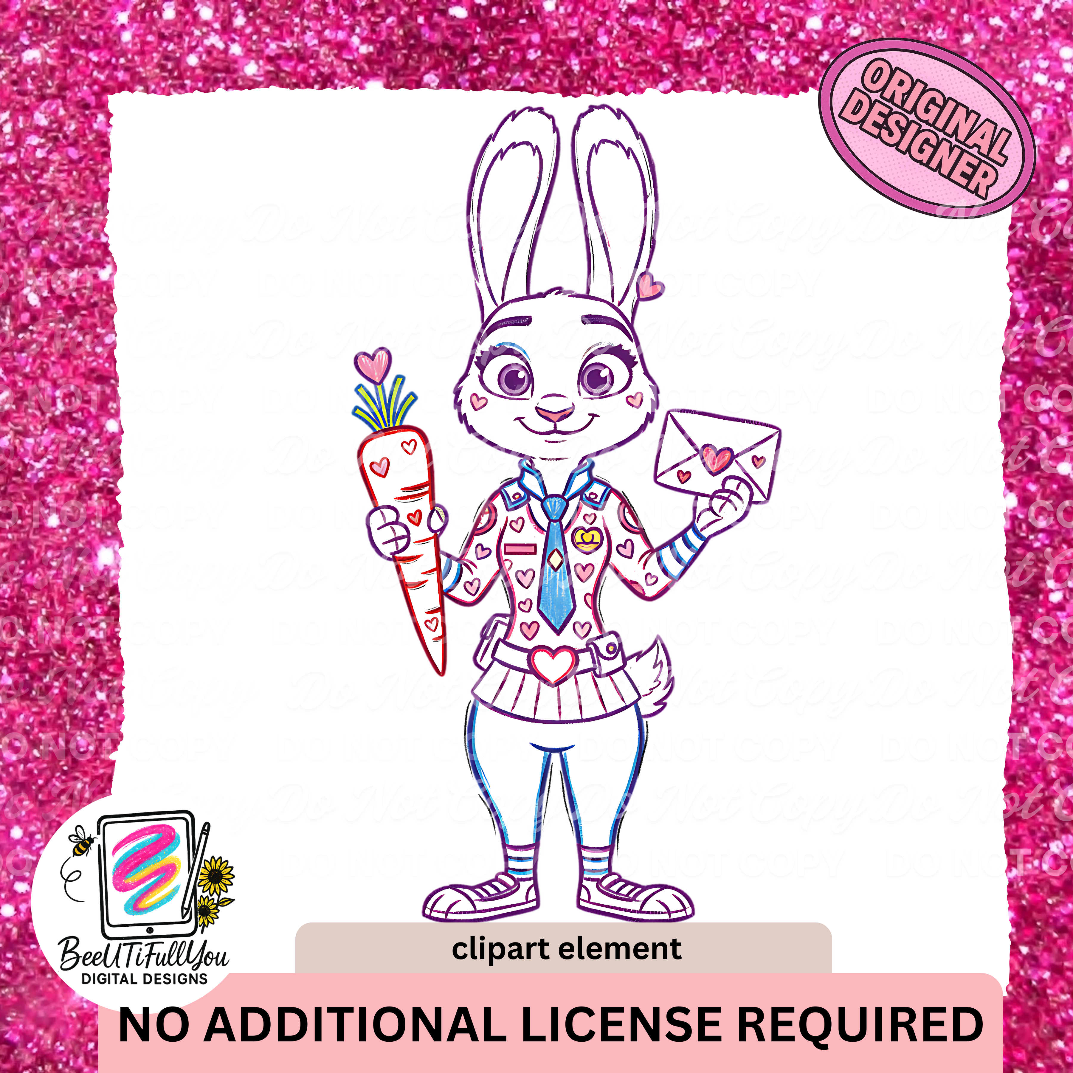 Valentine Bunny Officer Clipart Element | Crayon Outline Doodle PNG ...