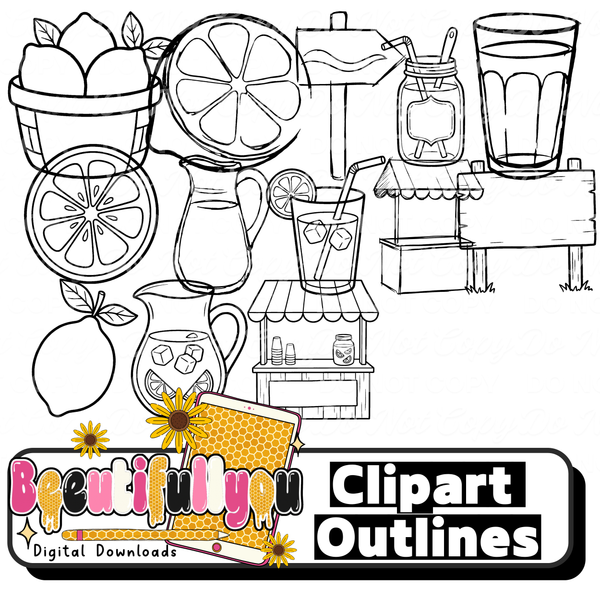 Lemonade Stand Clipart Outline Set | Summer Lemonade Line Art Elements ...